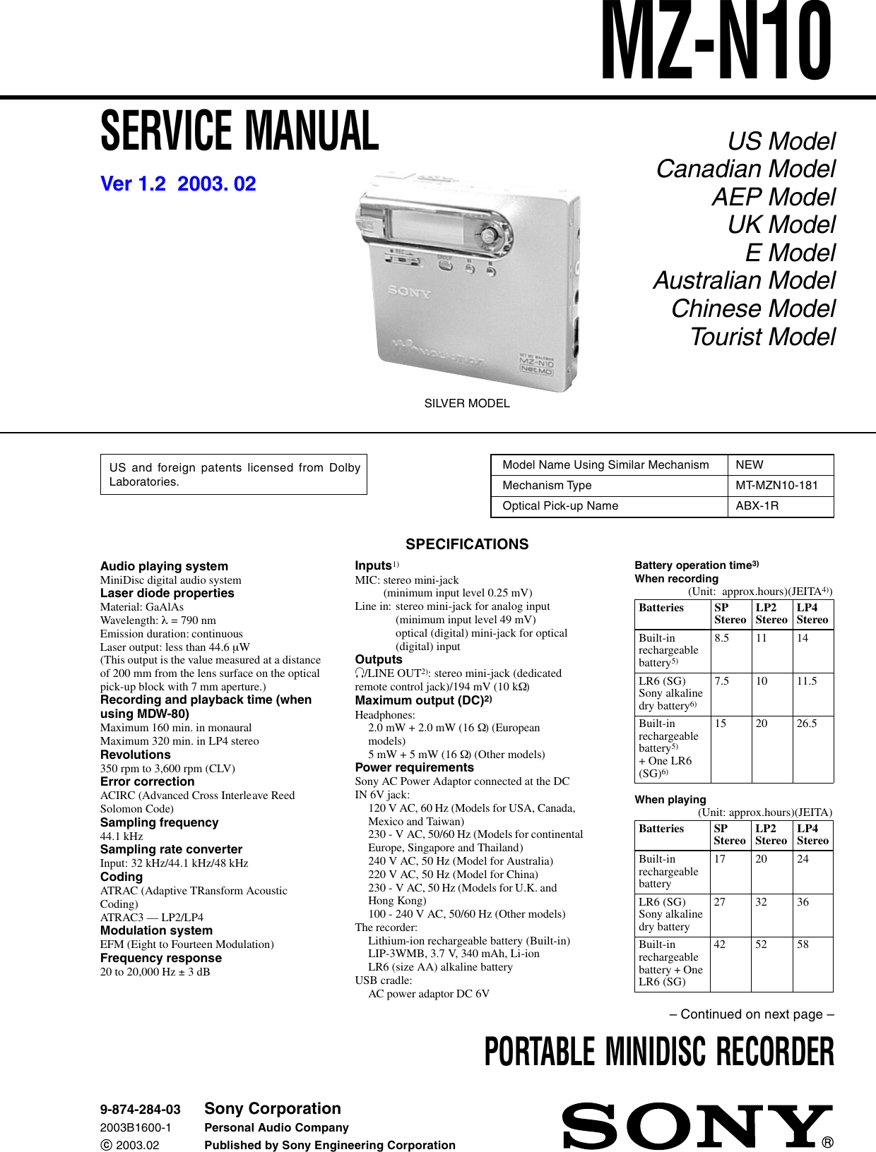 Sony Net Md Walkman Mz N10 Users Manual