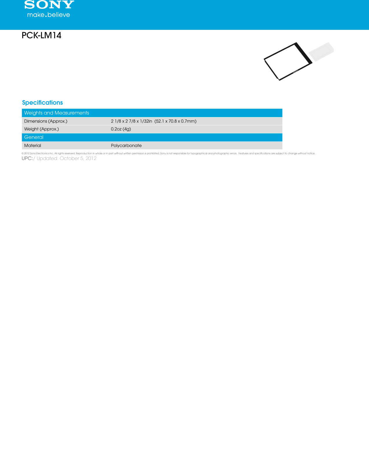 Sony Pck Lm14 Marketing Specifications