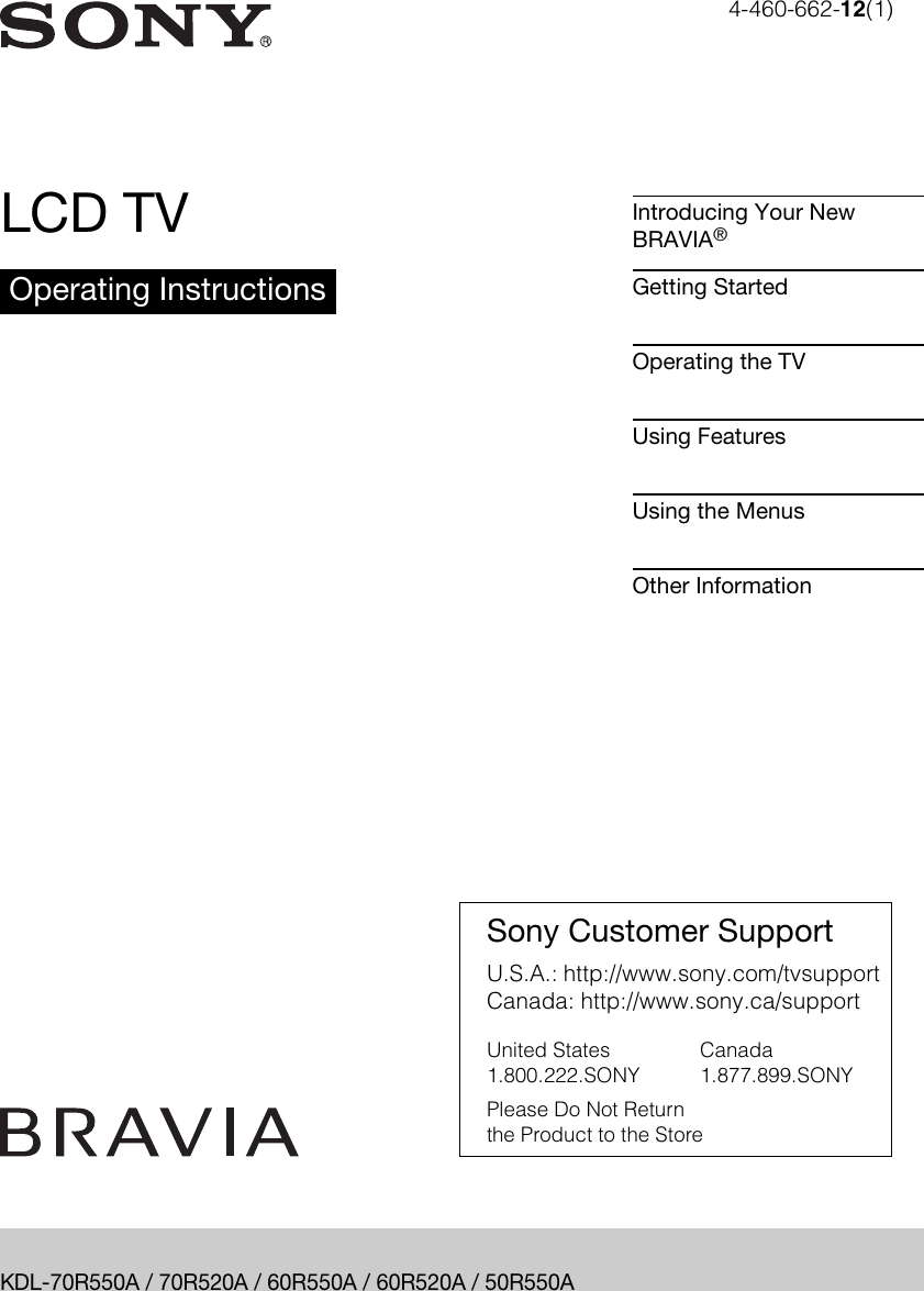 Sony 3D Led Internet Tv 50R550A Users Manual KDL 70R550A / 70R520A ...