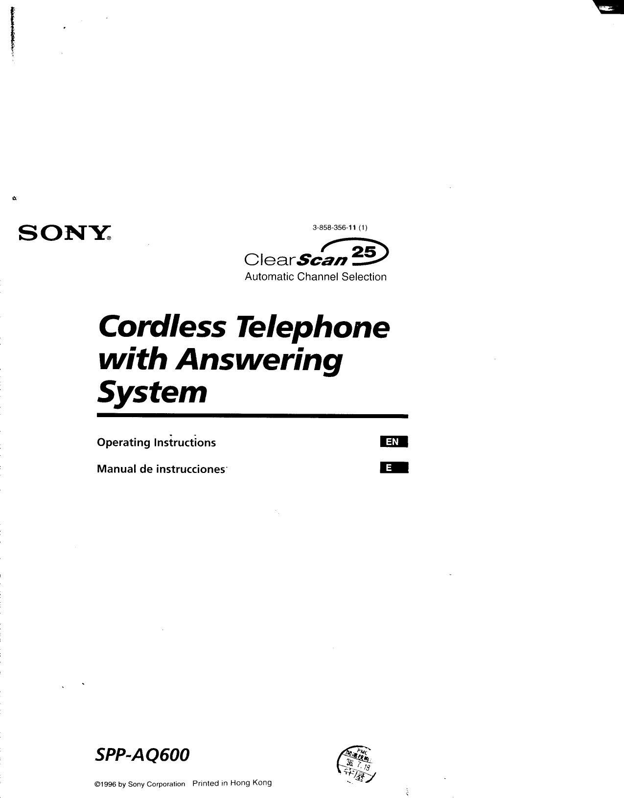 Sony Cordless Telephone Spp Aq600 Users Manual