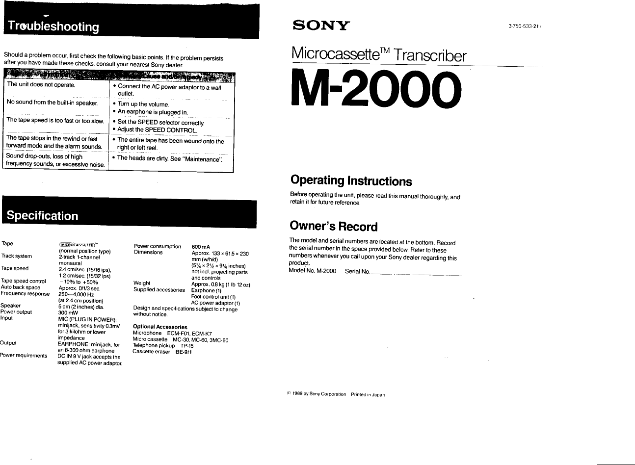Sony M2000 Microcassette Transcribing Machine Users Manual