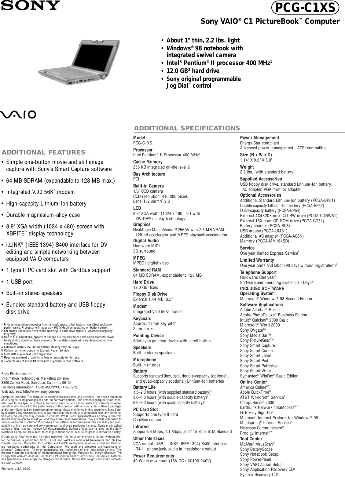 Sony Pcg C1Xs Users Manual NB Spec Sheets With Outlines