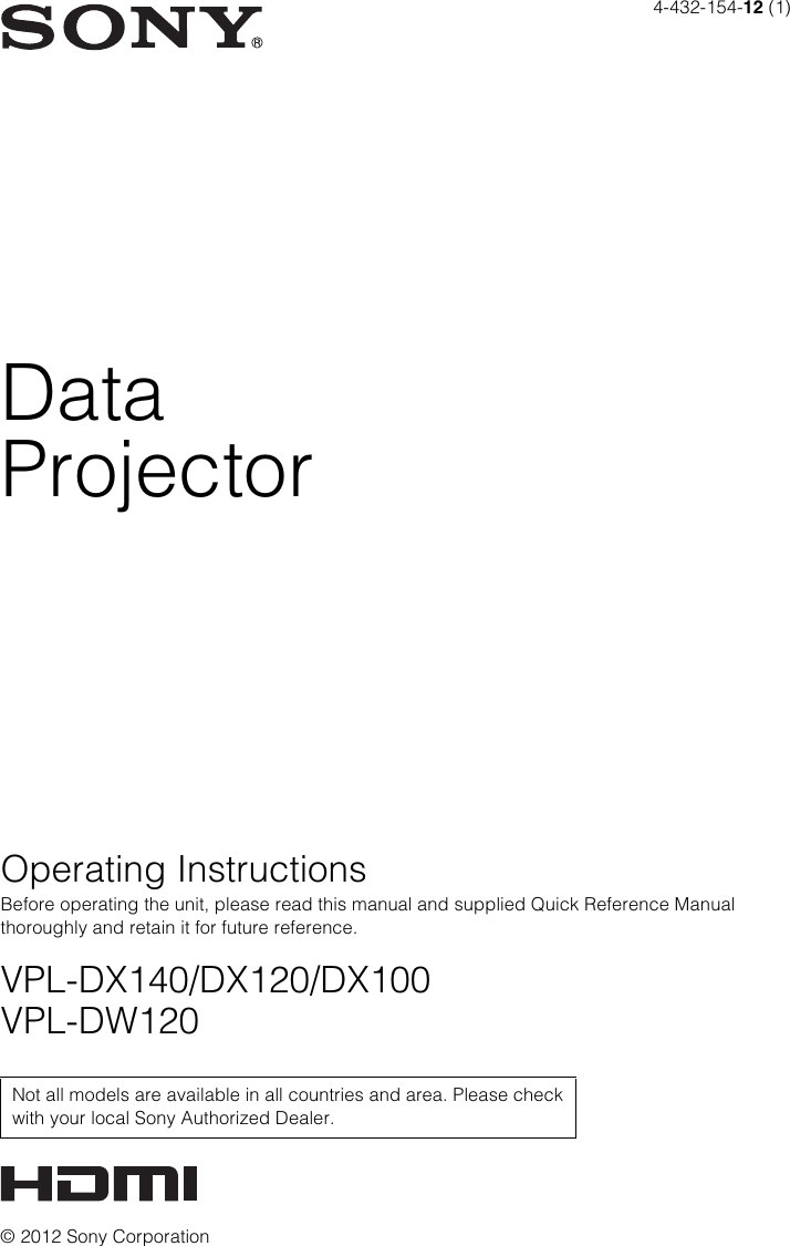 Sony Projector Dx100 Users Manual VPL DX140/DX120/DX100/DW120