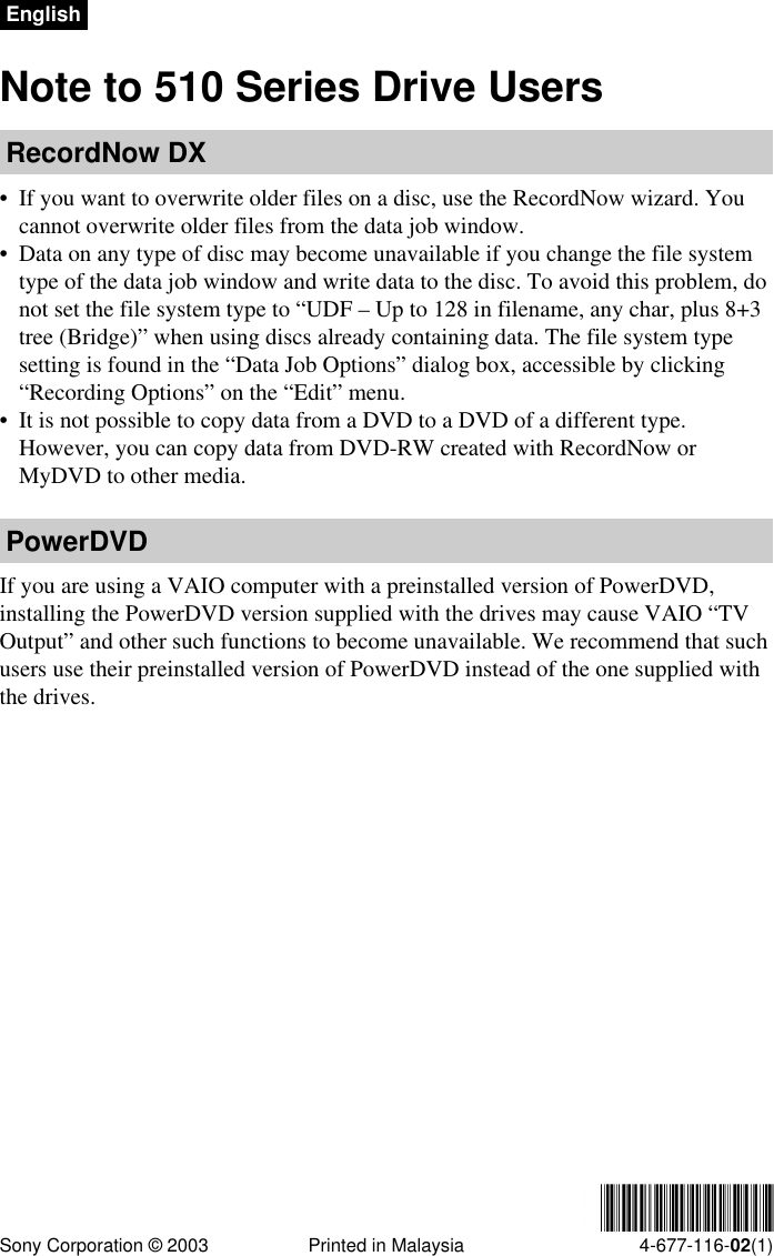 Sony Udf 128Iso 1 Users Manual 510 Series Drive Flyer