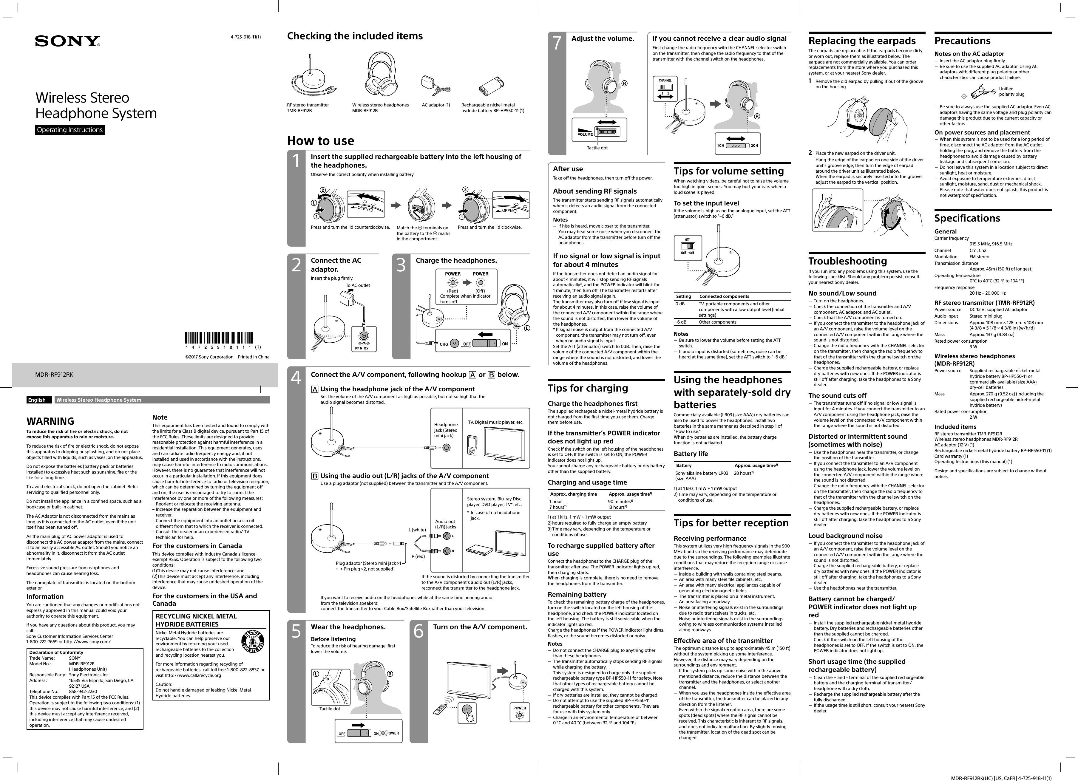 Sony TMRRF912R RF STEREO TRANSMITTER User Manual MDR RF912RK