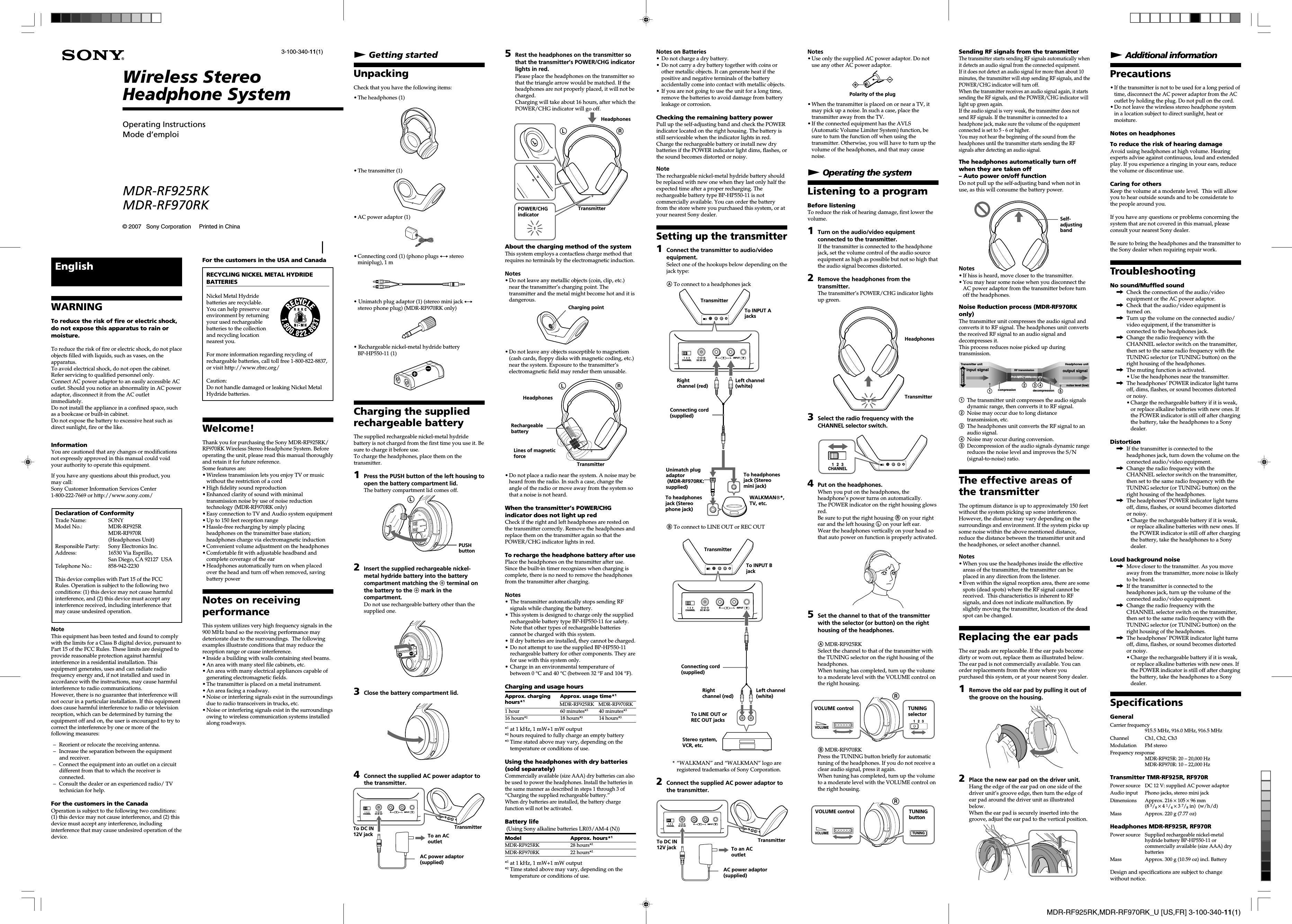 Sony TMRRF925R RF Stereo Transmitter User Manual Manual
