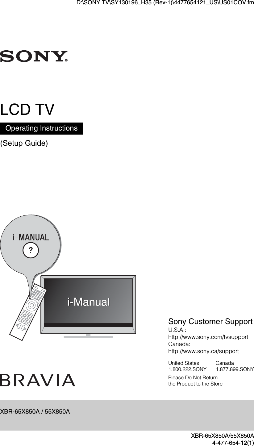 Sony XBR 55X850A 65X850A/55X850A User Manual Operating Instructions ...