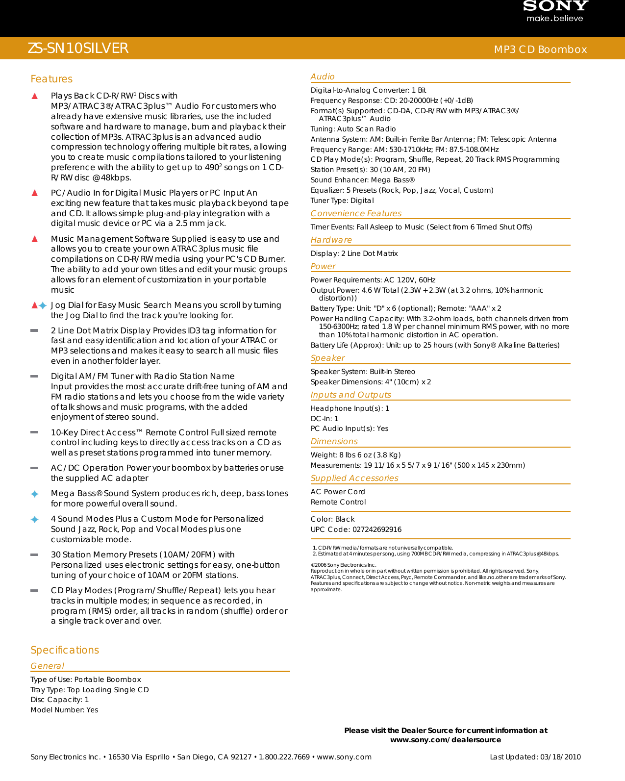 Sony ZS SN10 User Manual Marketing Specifications ZSSN10SILVER Mksp