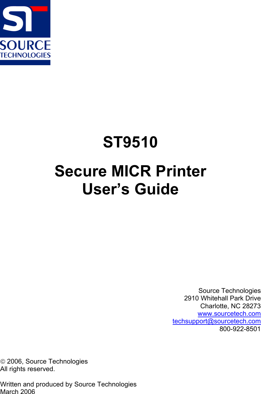 Source Technologies Secure Micr Printer St9510 Users Manual