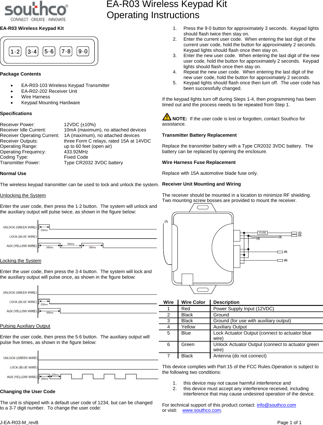 Southco 03103 WIRELESS RF KEYPAD User Manual J EA R03 M revB