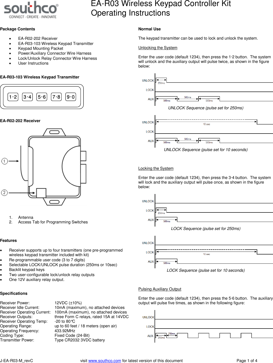 Southco 03103 Wireless RF Keypad User Manual J EA R03 M revC