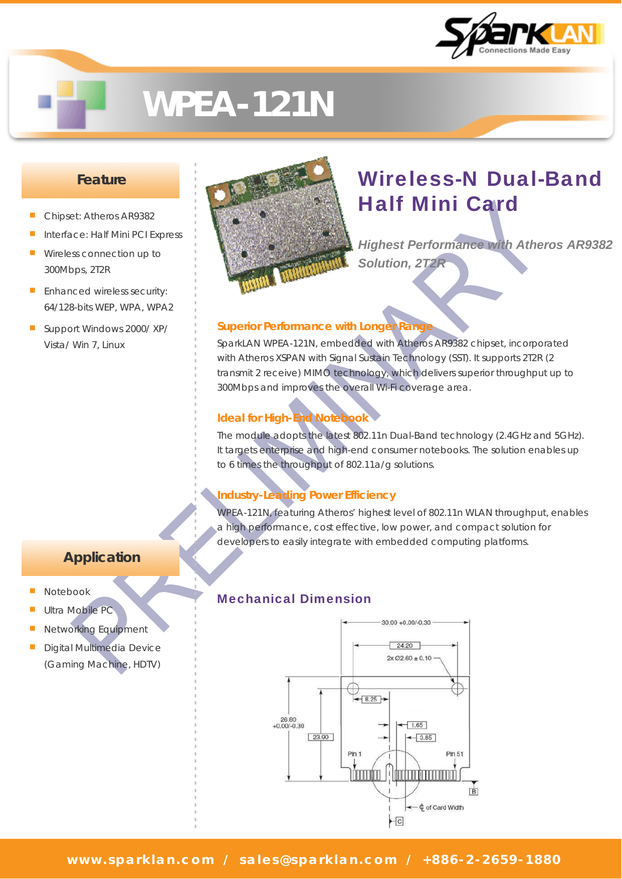 SparkLAN Communications WPEA121N 802.11n, Dual Band, Wireless LAN PCI Express Half Mini Card ...