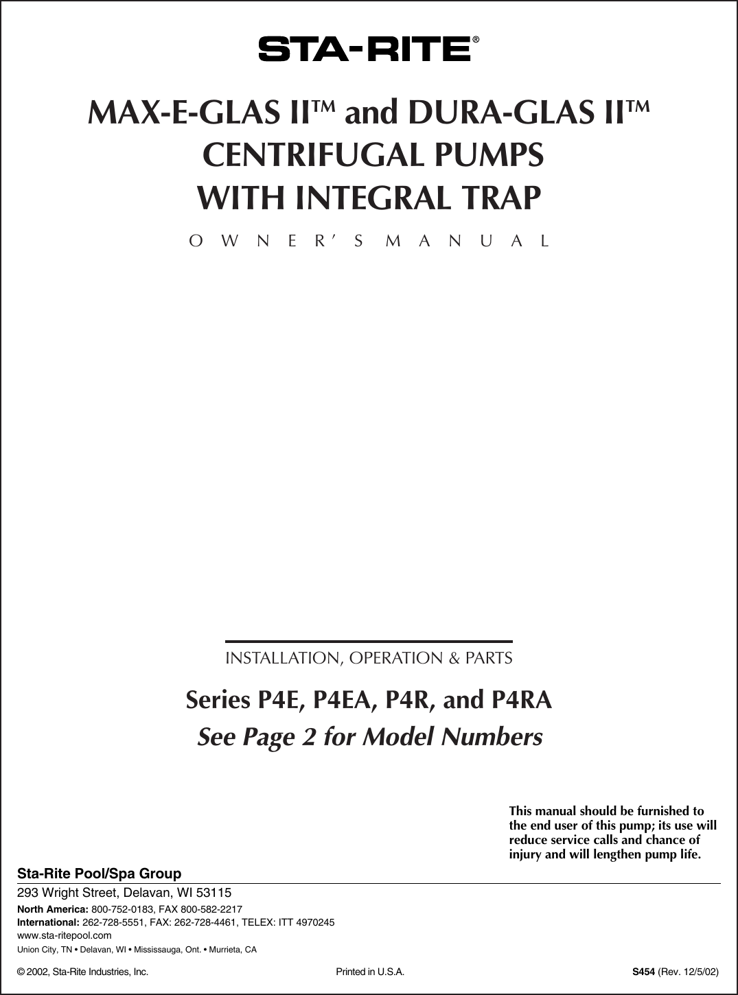 Sta Rite Swimming Pool Pump Series P4E Users Manual S454/P4E & P4R