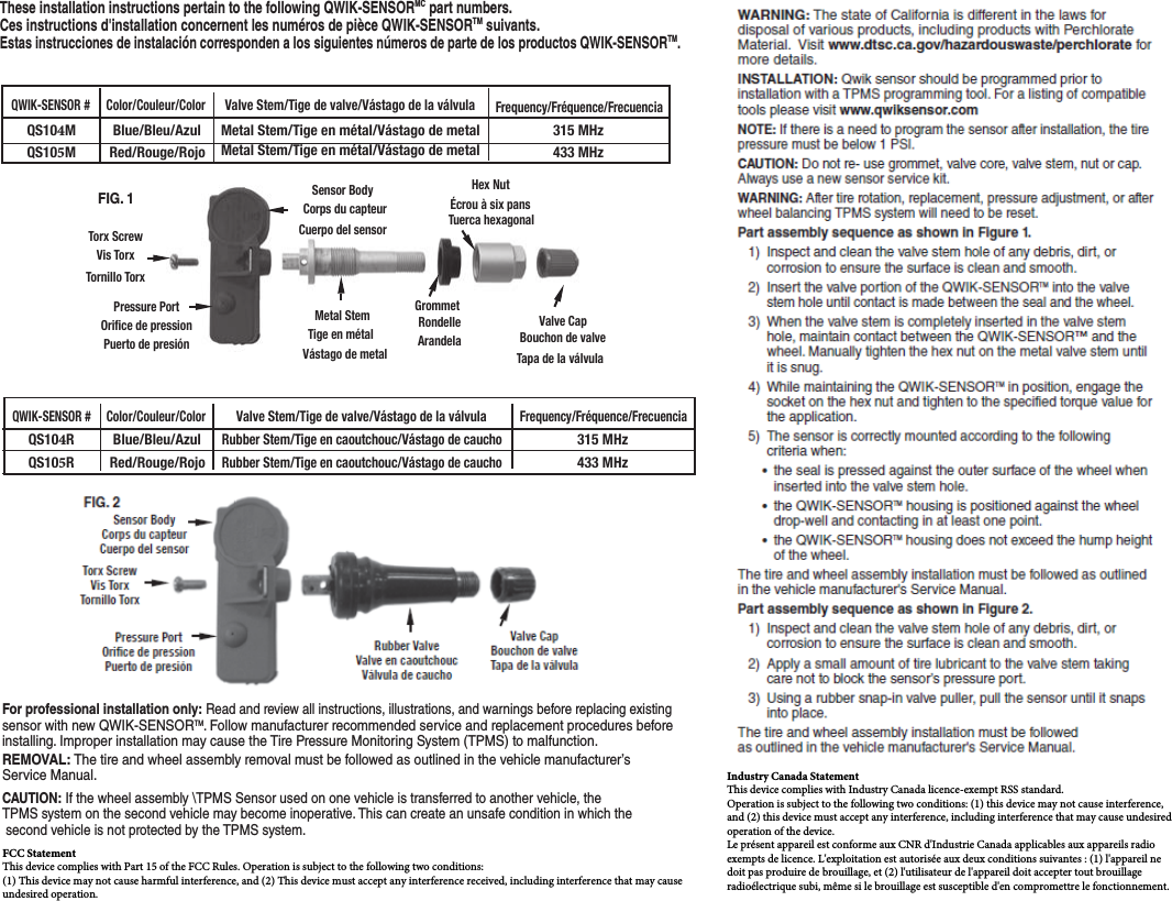 Standard Motor U1F02 Wireless TPMS User Manual