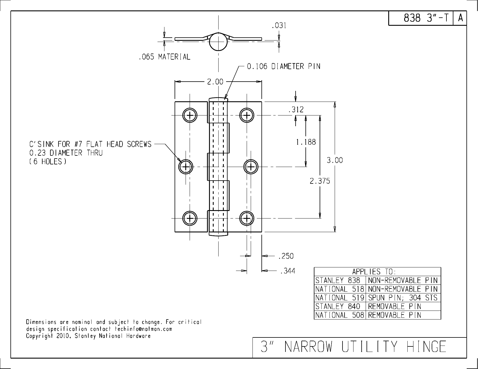 Stanley Security 838T_3 838 3 T Narrow Utility Hinge 838t Removable pin ...