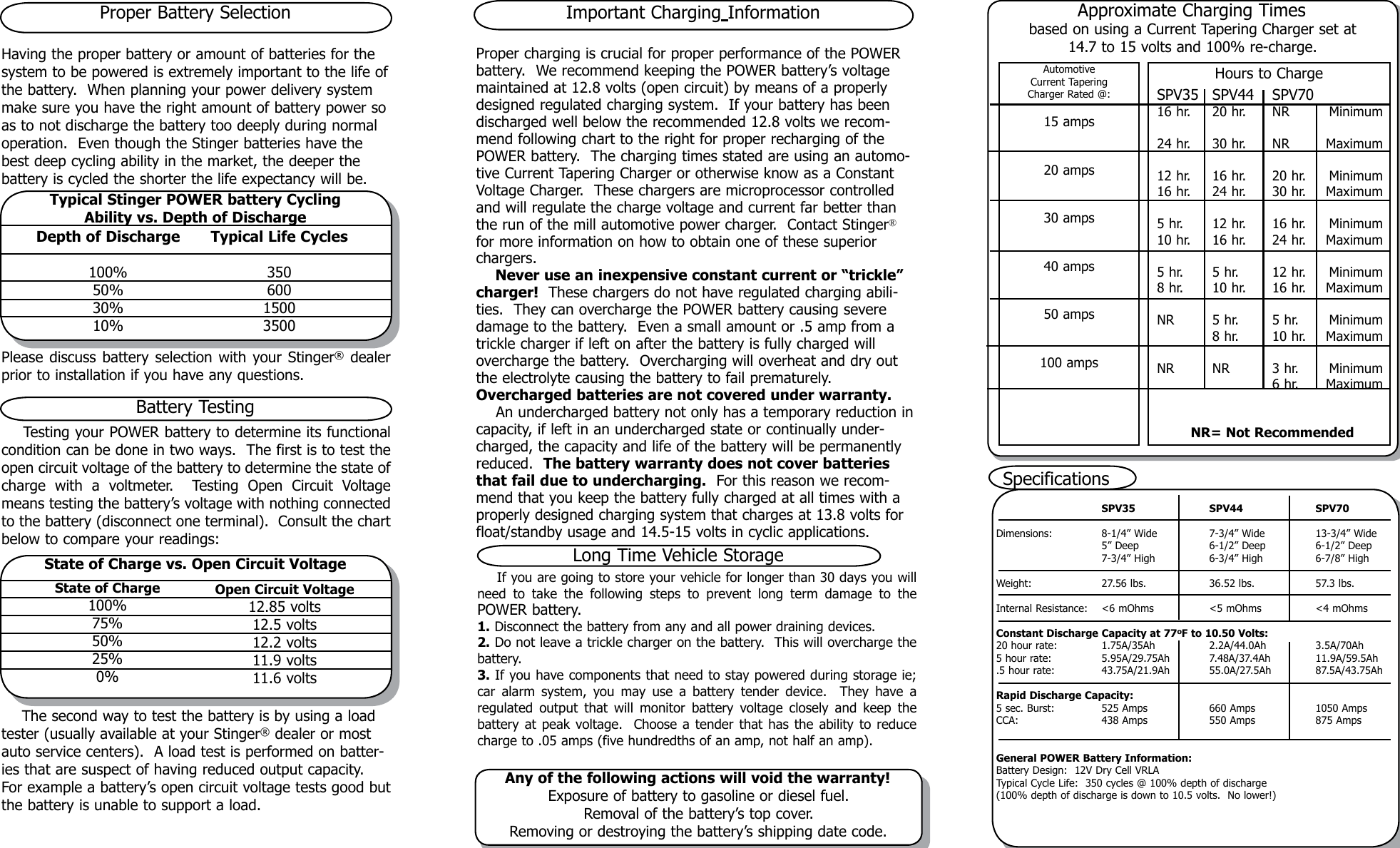 Stinger Power Series 1050 Amp Battery Spv70 Users Manual