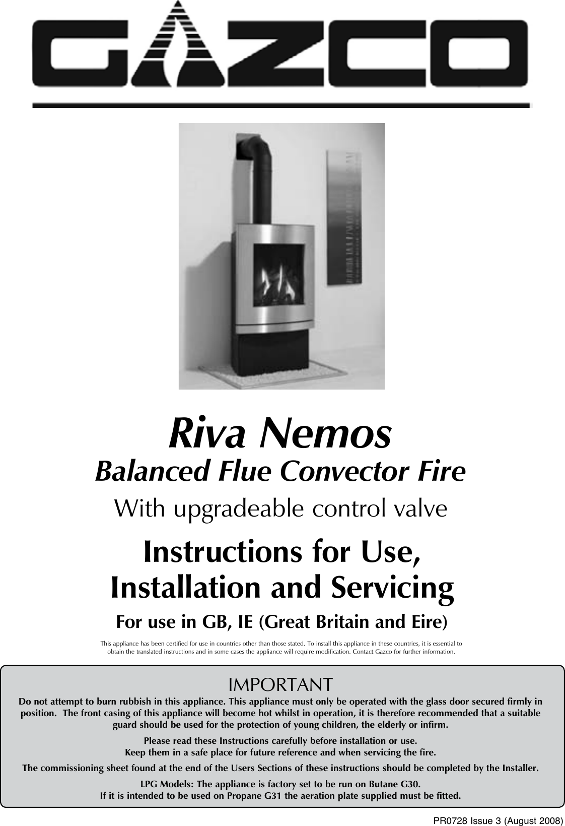 Stovax Riva Nemo P8627 Bs Users Manual