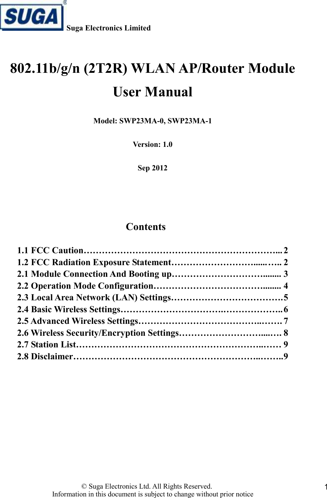 Suga Electronics SWP23MA 802.11b/g/n (2T2R) WLAN AP/Router Module User ...