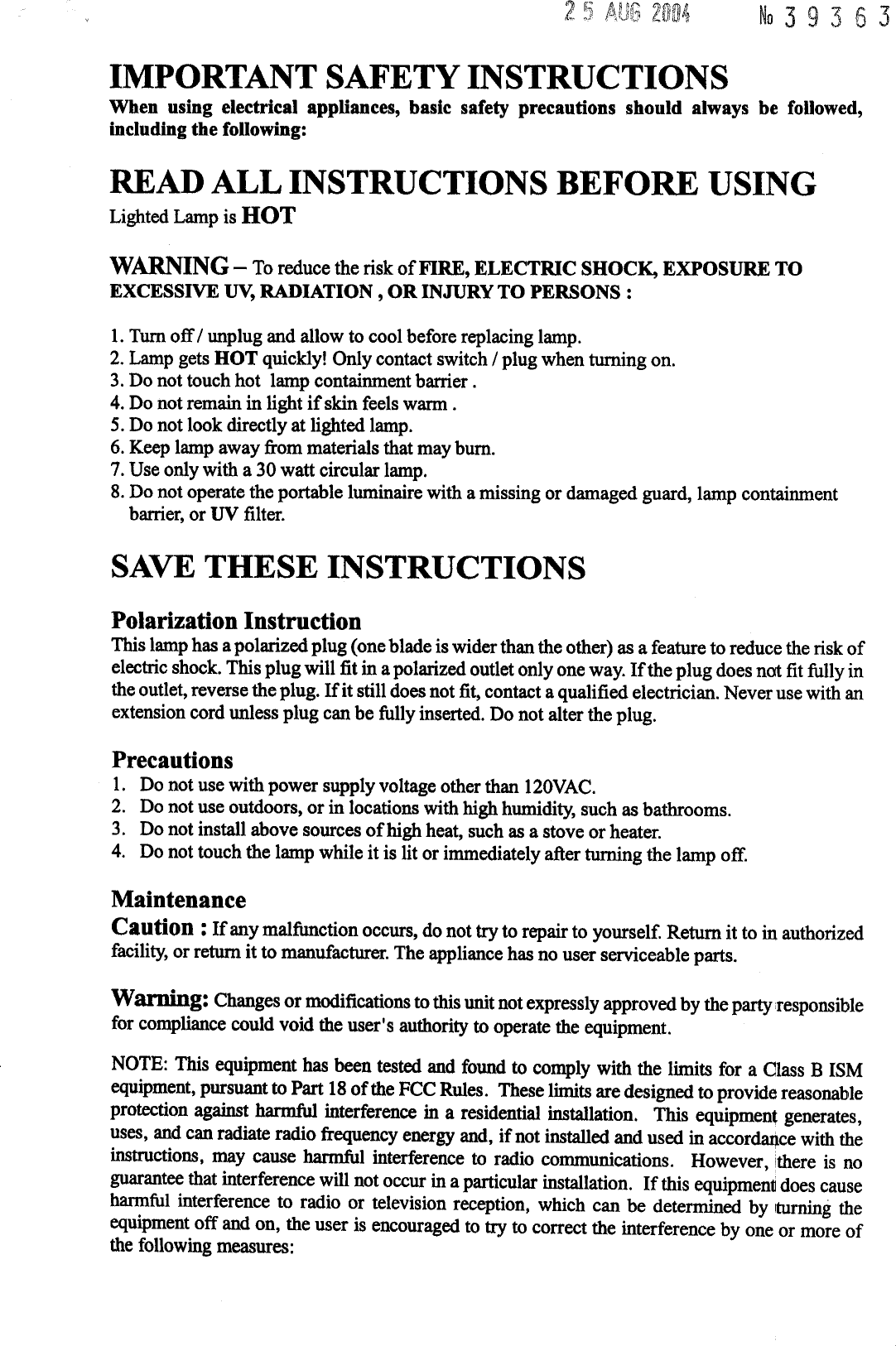 Sun Luen Electrical Mfg SI503 TABLE LAMP User Manual USERS MANUAL