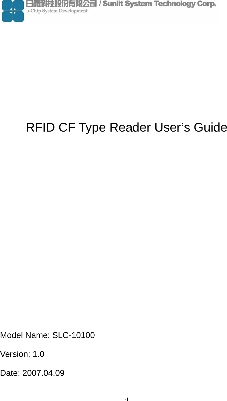 Sunlit System Technology SLC10100 RFID CF TYPE READER User Manual USERS ...