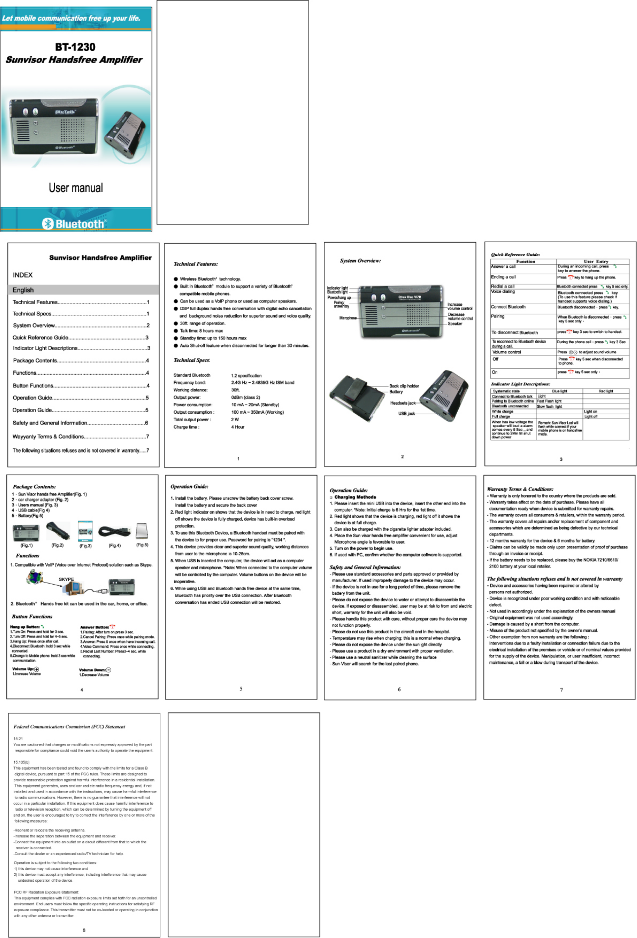 Sunswell Technology BT1230 Bluetooth Hand-Free User Manual Users manual