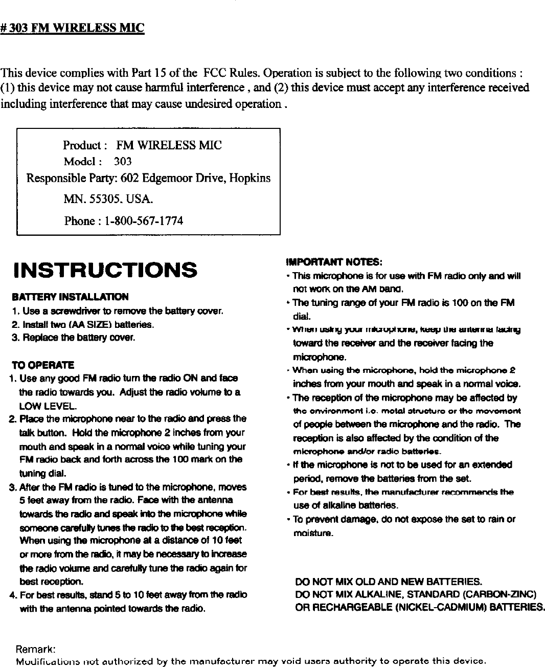 Supreme Toys 00303 FM WIRELESS MIC Model 303 User Manual 3