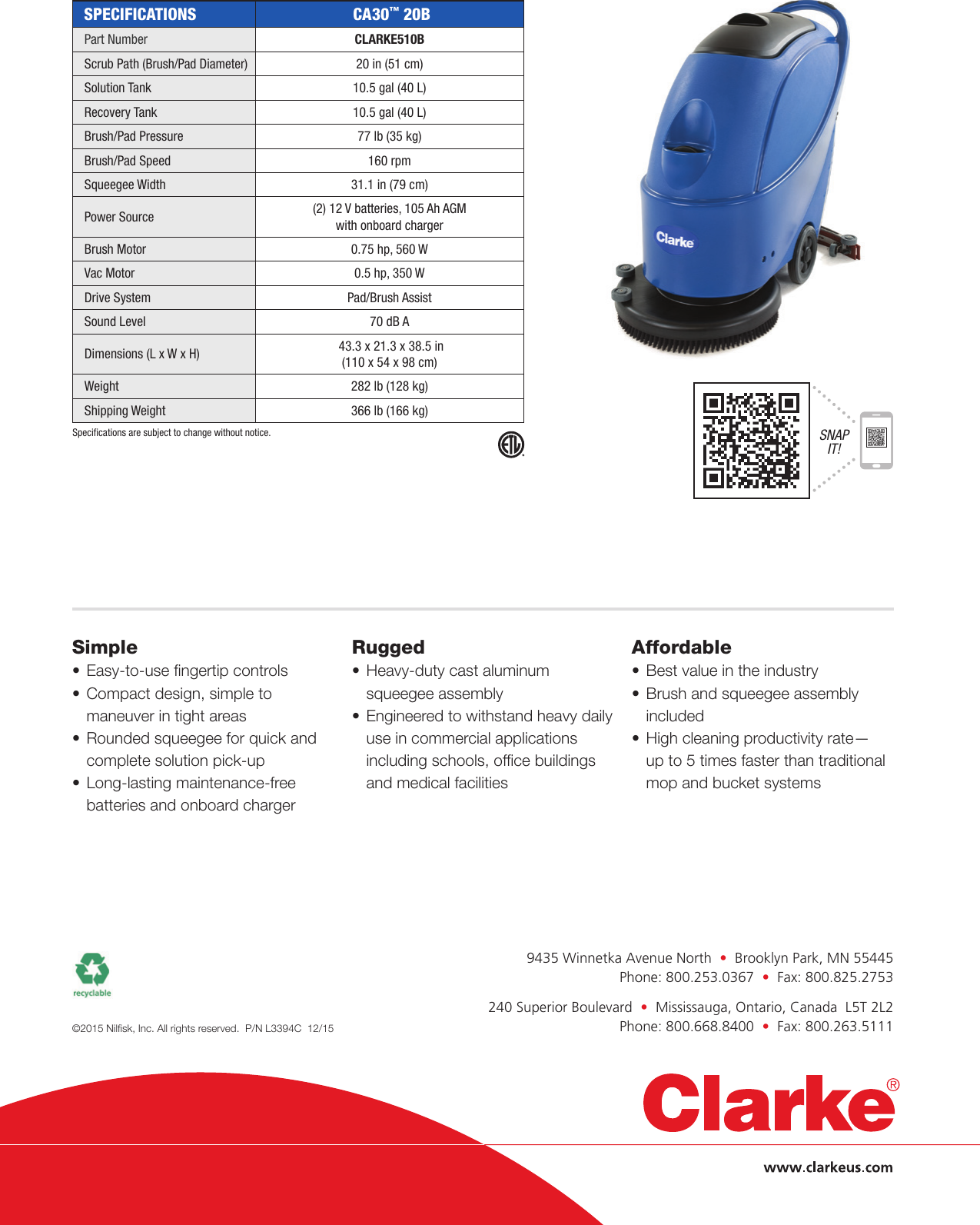 Clarke ca30 20b floor scrubber brochure and specifications