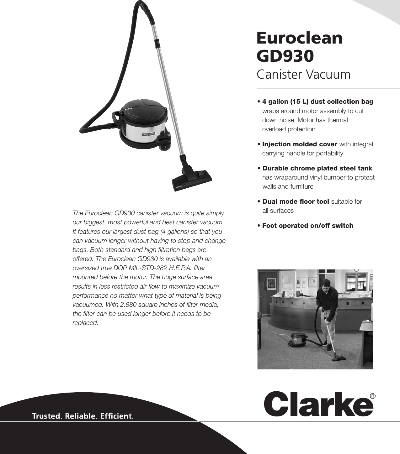 Clarke euroclean gd930 canister vacuum brochure and specifications