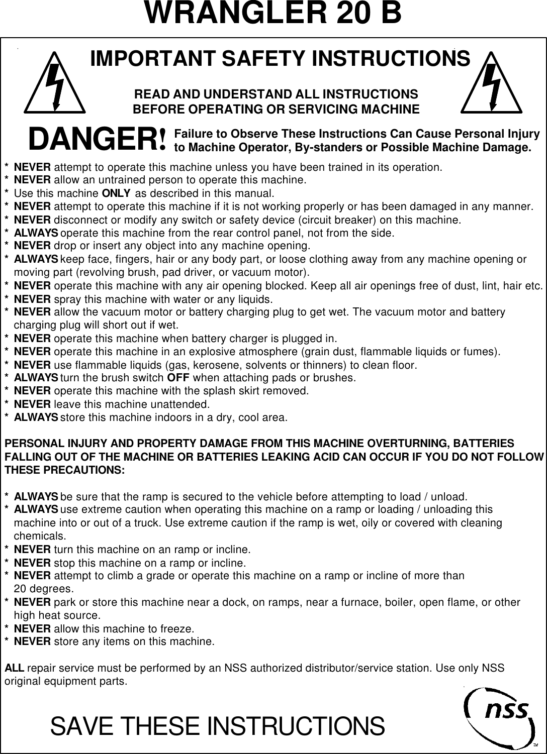 G Nss wrangler 20 b walk behind floor scrubber parts manual