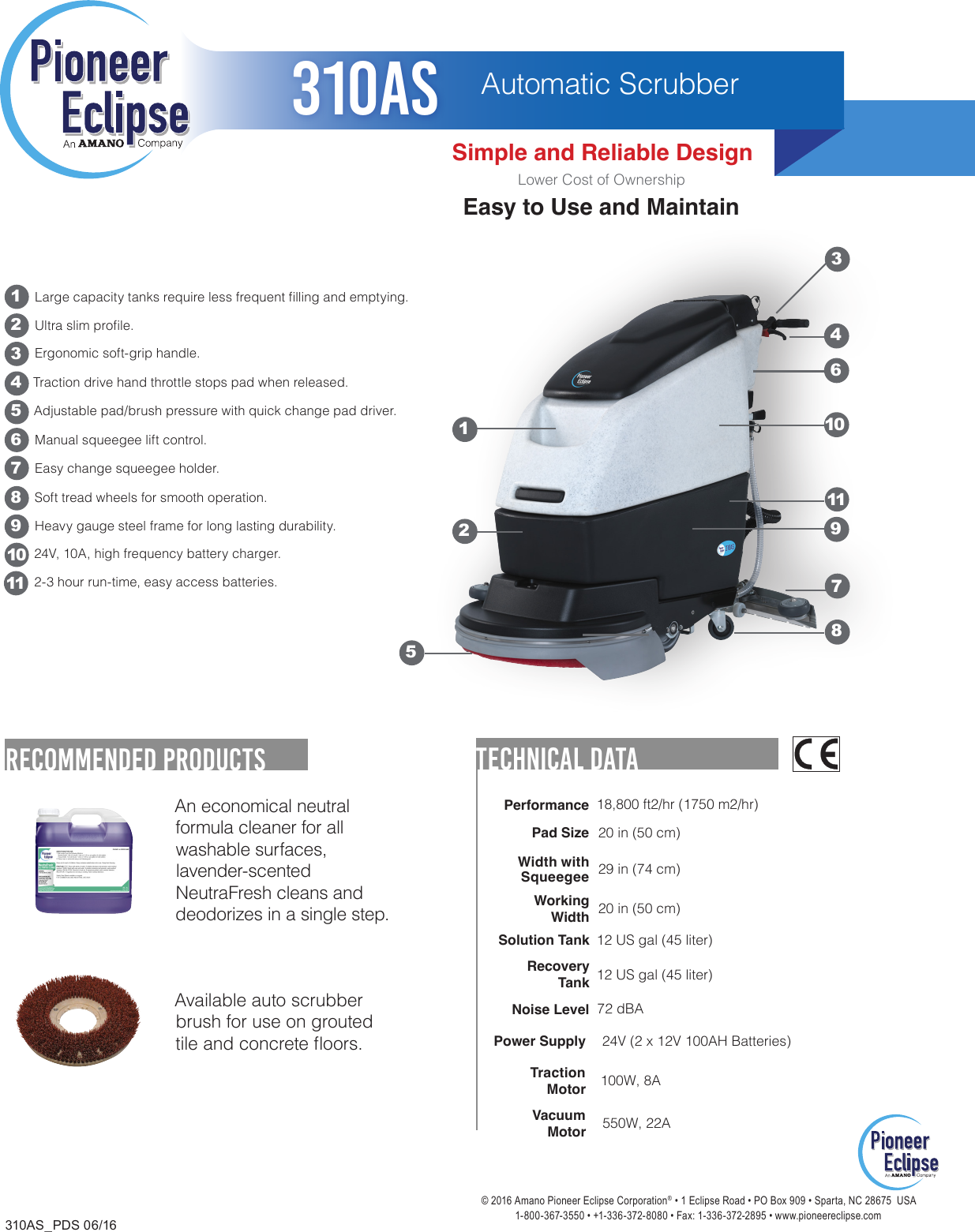 Pioneer eclipse 310as walk behind floor scrubber brochure specifications