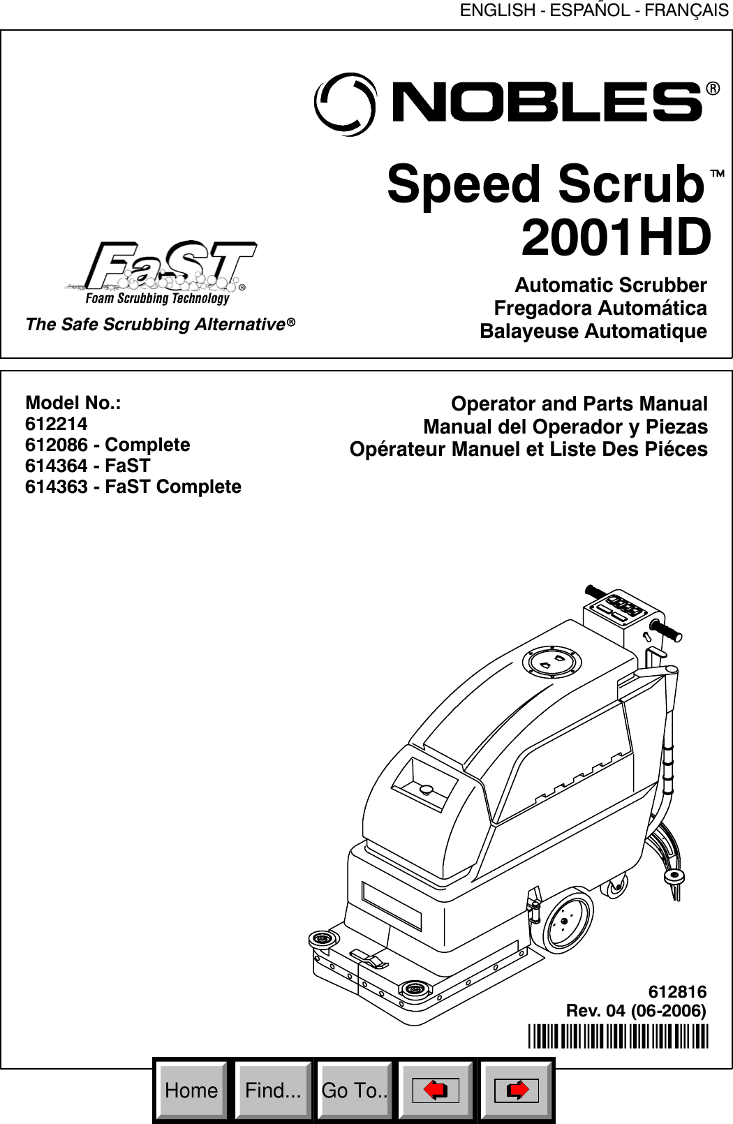 Speed Scrub 2001HD Operator & Parts Manual 2001 HD XR Sqg And 6 2006 Up