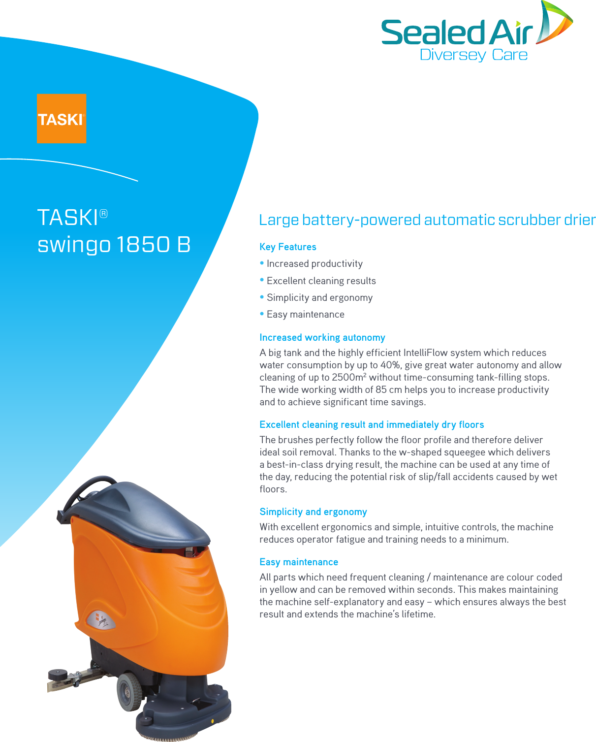 Sweepscrub Taski Swingo 1850B Walk Behind Floor Scrubber Specifications ...
