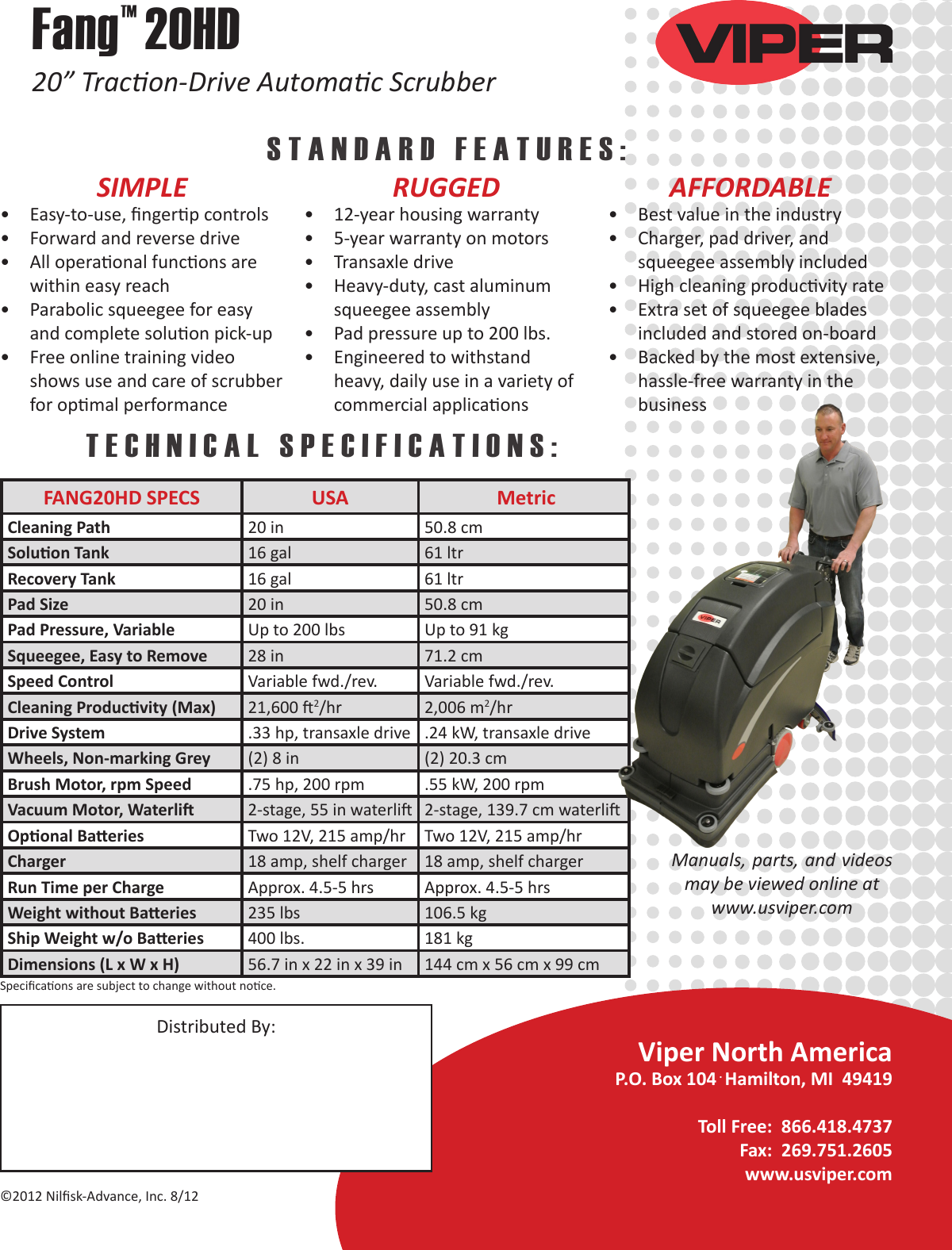 Viper fang 20hd floor scrubber brochure and specifications