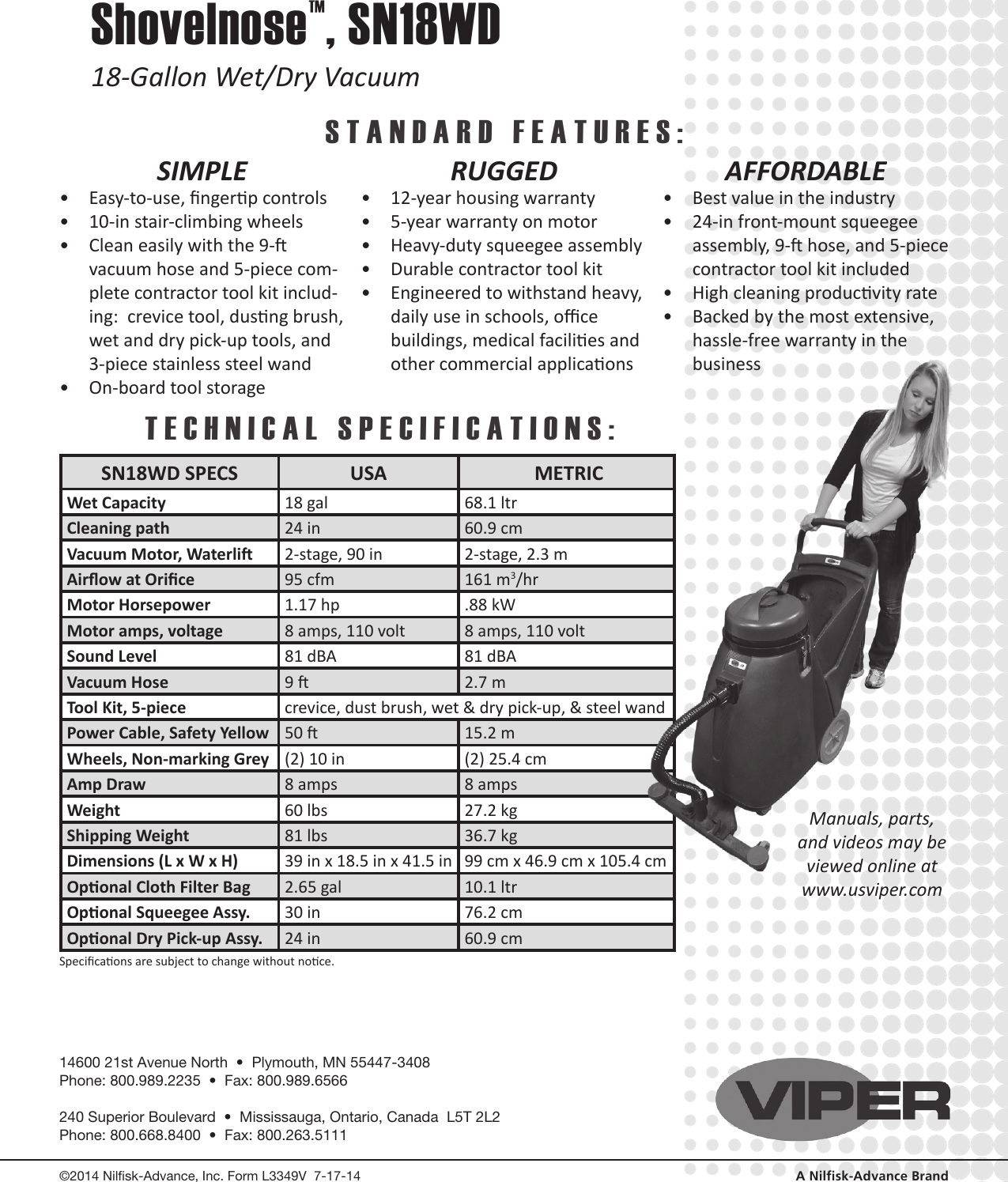 Viper shovelnose sn18wd wet dry vac brochure and specifications