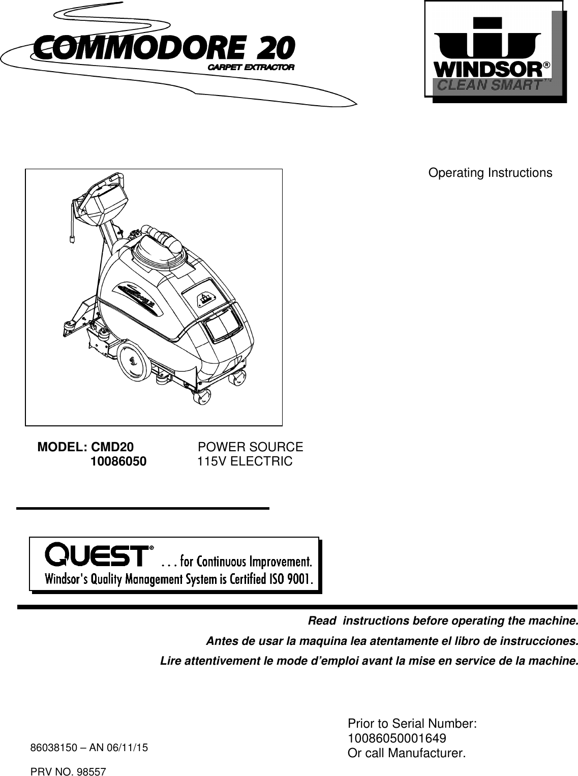 86038150 CVR Windsor commodore 20 walk behind carpet extractor 120v ...
