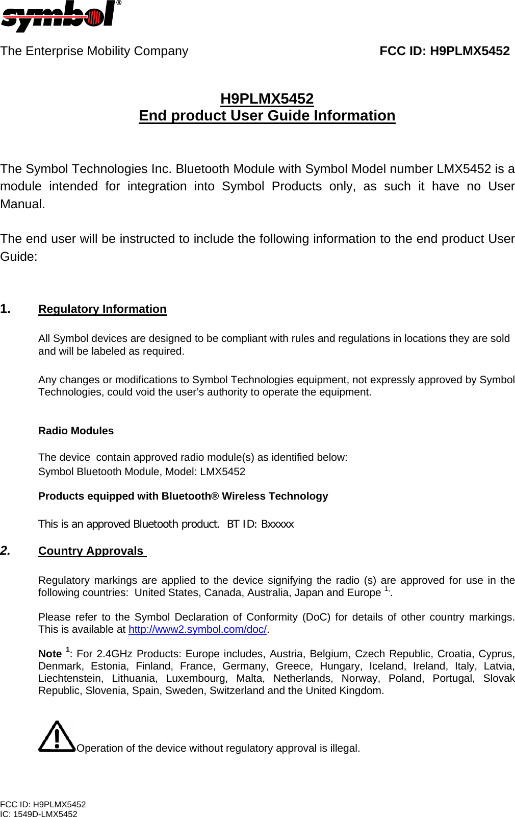 Symbol Technologies LMX5452 Bluetooth Radio Module User Manual ...