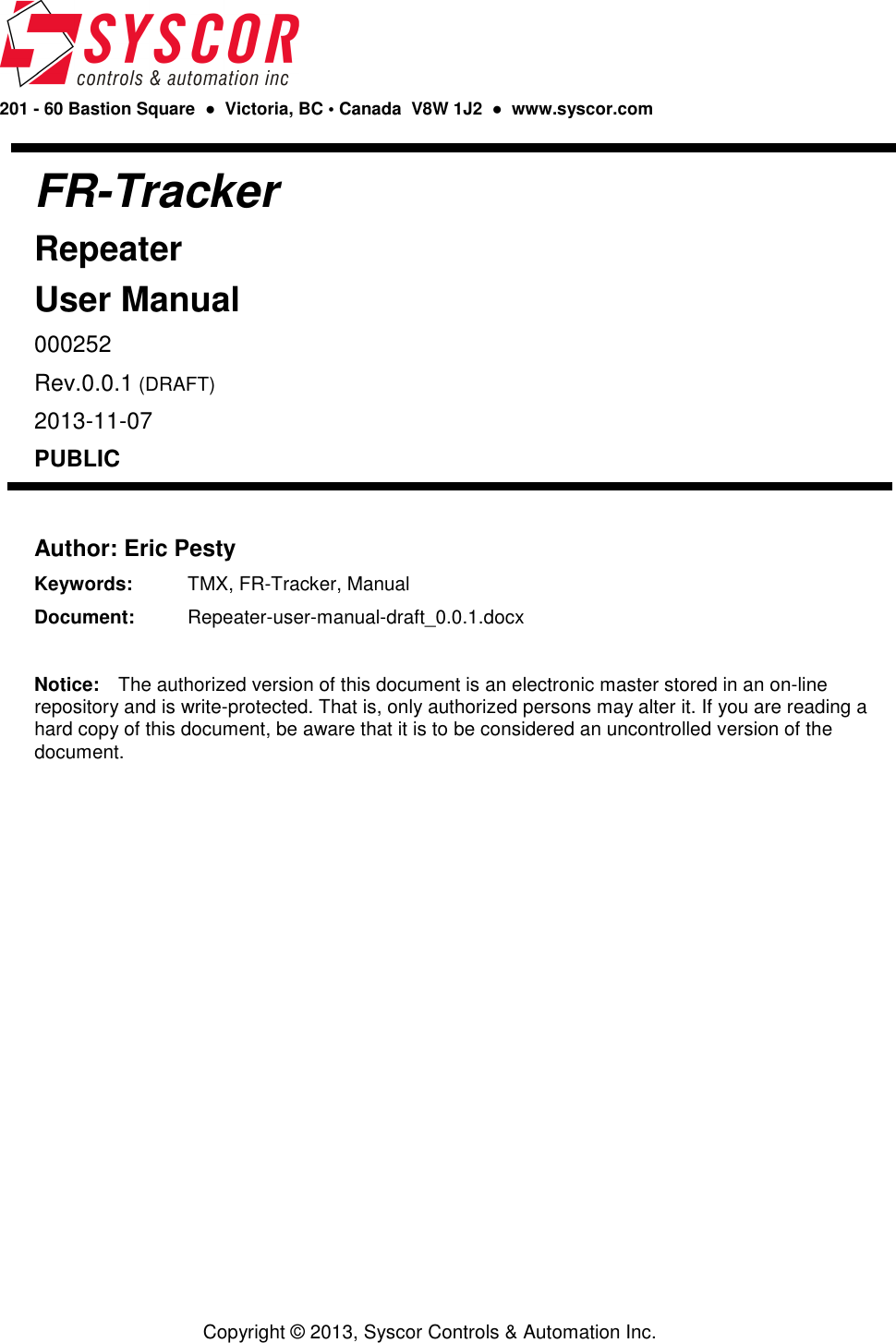 Syscor Controls and Automation 000252 FR-TRACKER TM, FLOATING ROOF ...