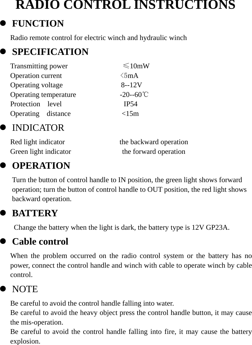 T MAX WR433-30 wireless remote winch control User Manual RADIO CONTROL ...