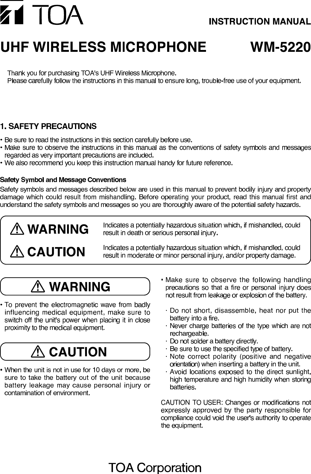 TOA WM-5220A Wireless Microphone User Manual