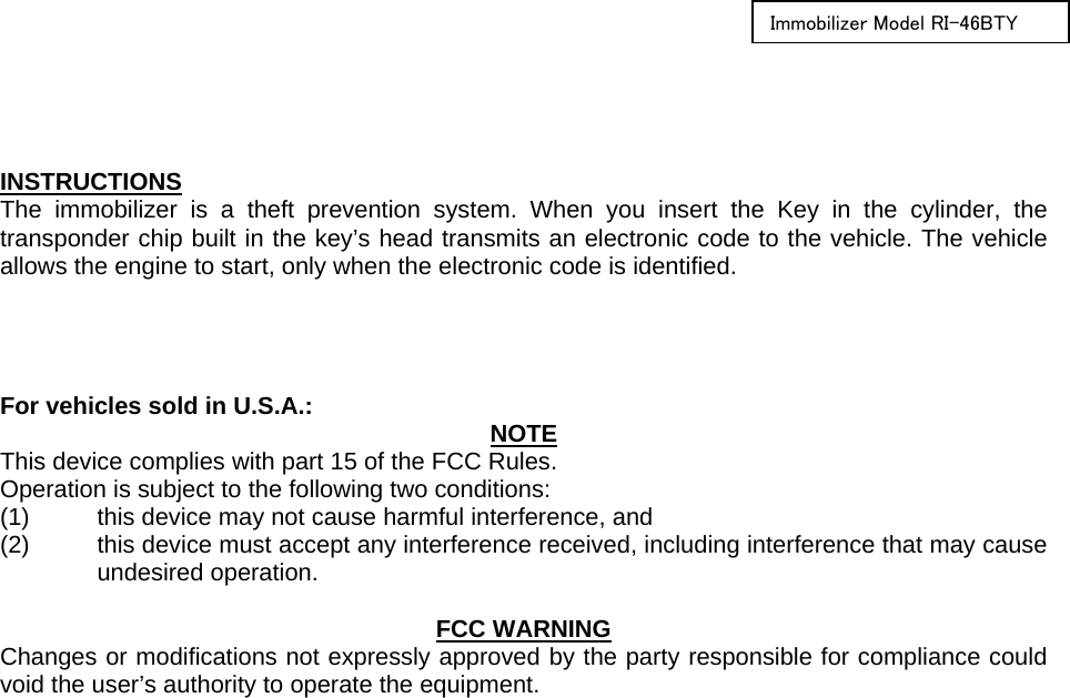 TOKAI RIKA RI-46BTY Immobilizer User Manual Statement RI 46BTY