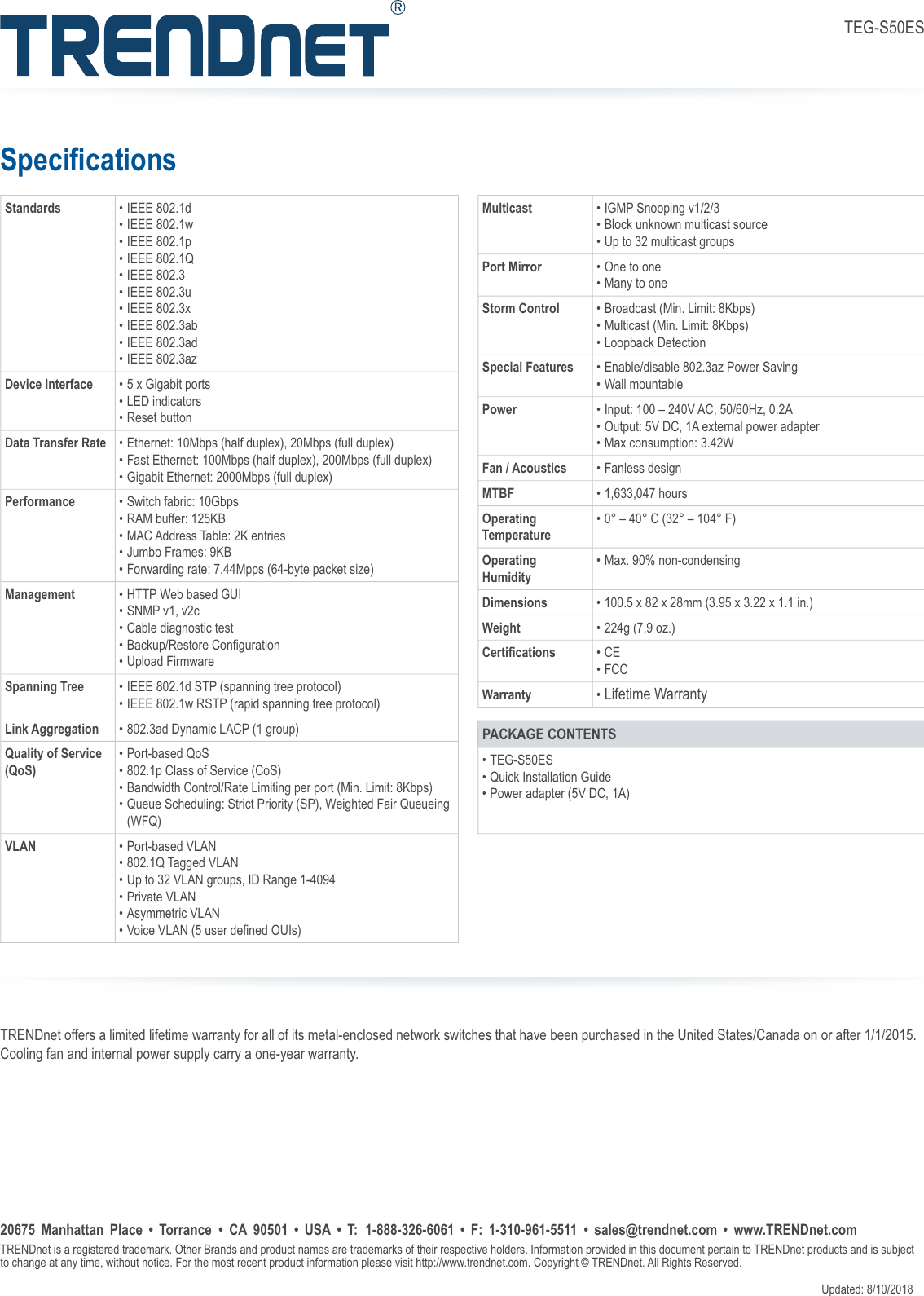 TRENDnet EN Datasheet TEG S50ES (v1.0R)