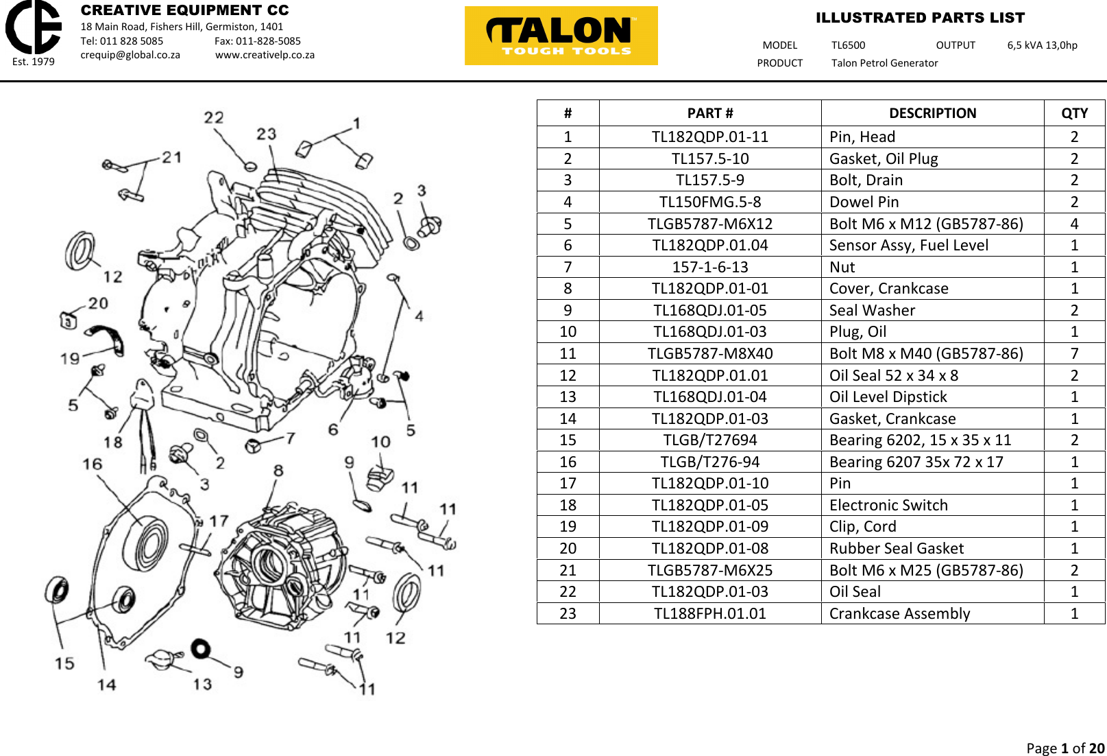 Talon Tools Fgg700 Parts List Master Illustrated TL6500 Petrol Generator