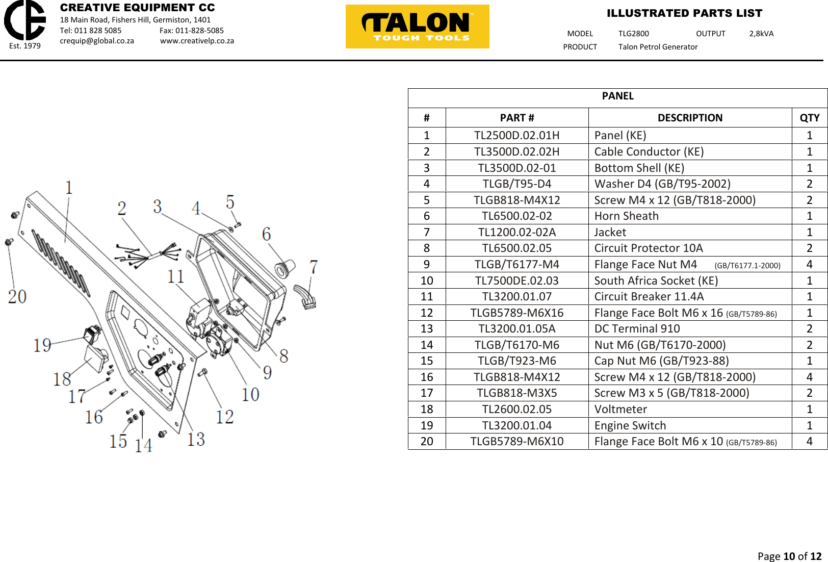 Talon Tools Tlg2800 Parts List CR Master Illustrated Petrol Generator