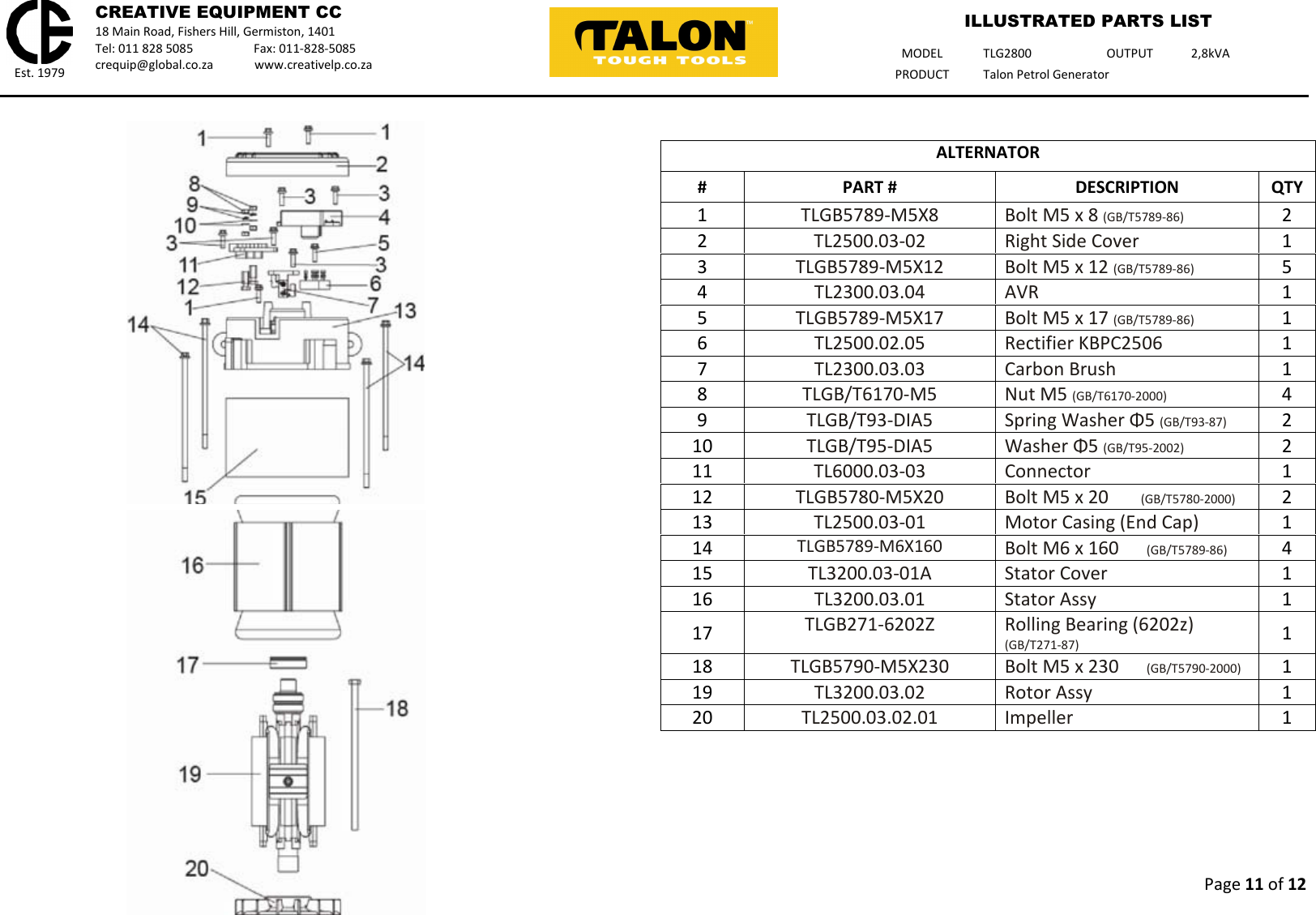 Talon Tools Tlg2800 Parts List CR Master Illustrated Petrol Generator