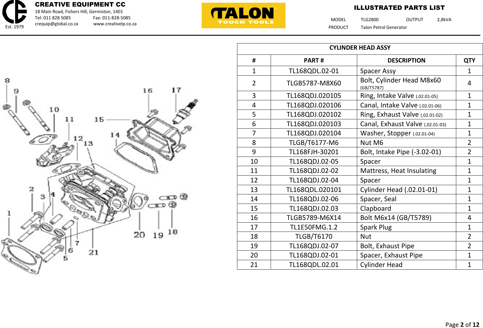 Talon Tools Tlg2800 Parts List CR Master Illustrated Petrol Generator