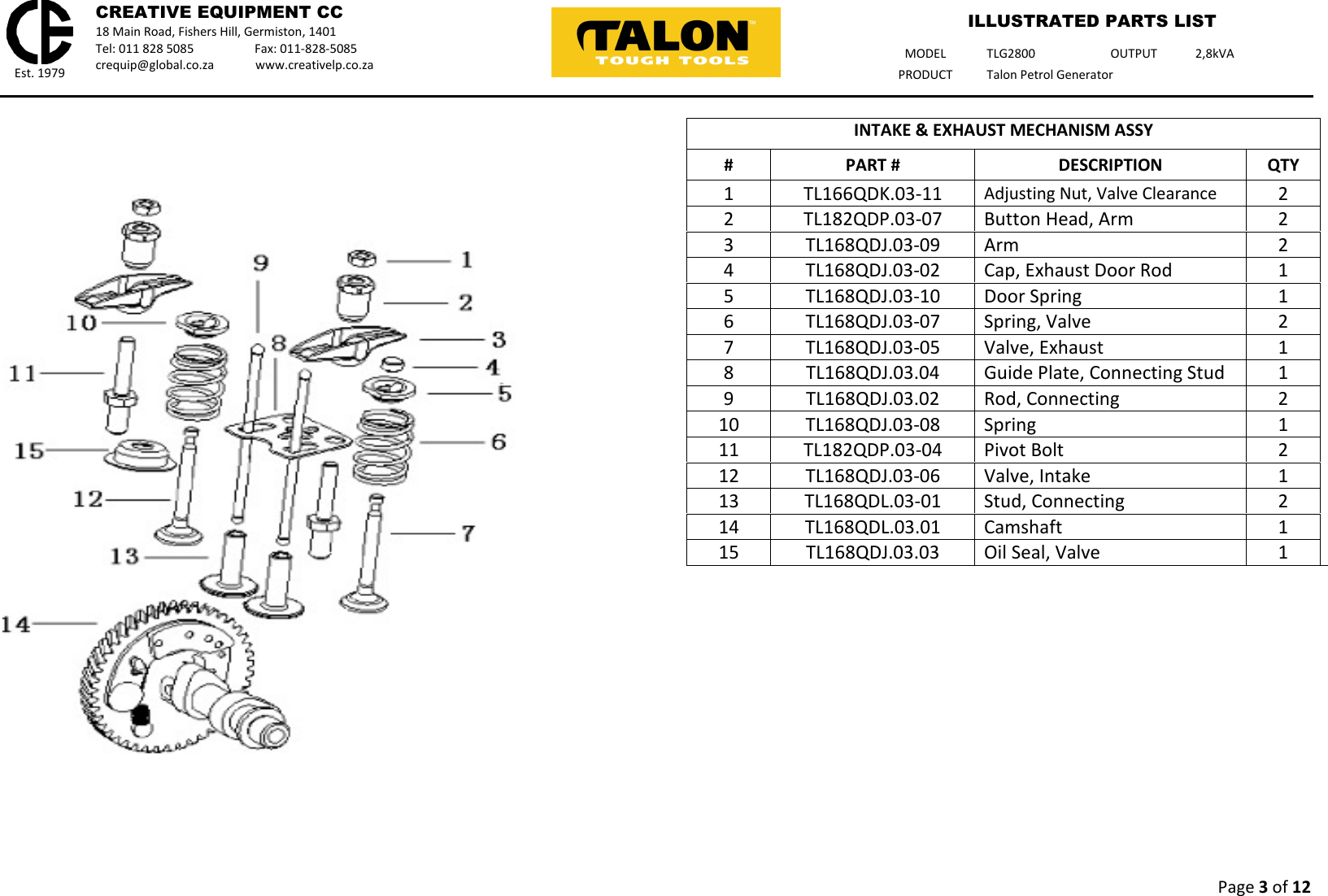 Talon Tools Tlg2800 Parts List CR Master Illustrated Petrol Generator