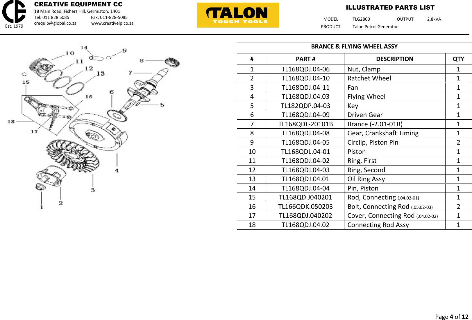 Talon Tools Tlg2800 Parts List CR Master Illustrated Petrol Generator