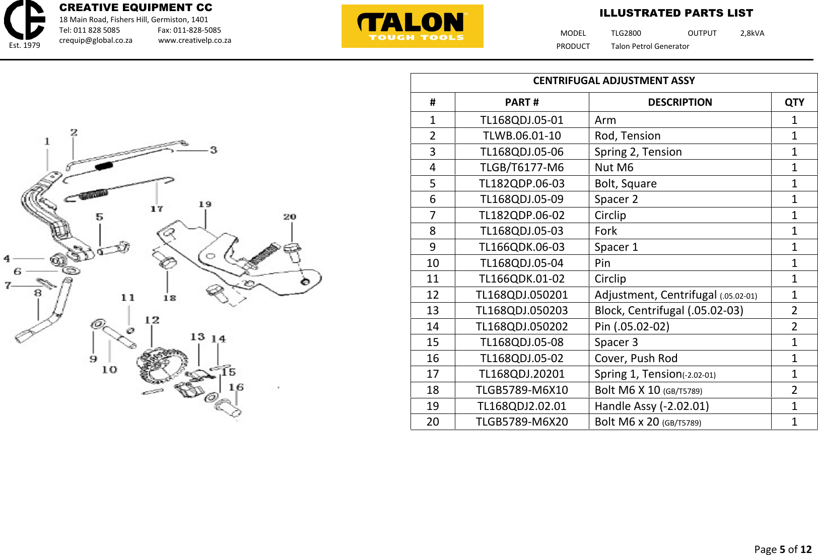 Talon Tools Tlg2800 Parts List CR Master Illustrated Petrol Generator
