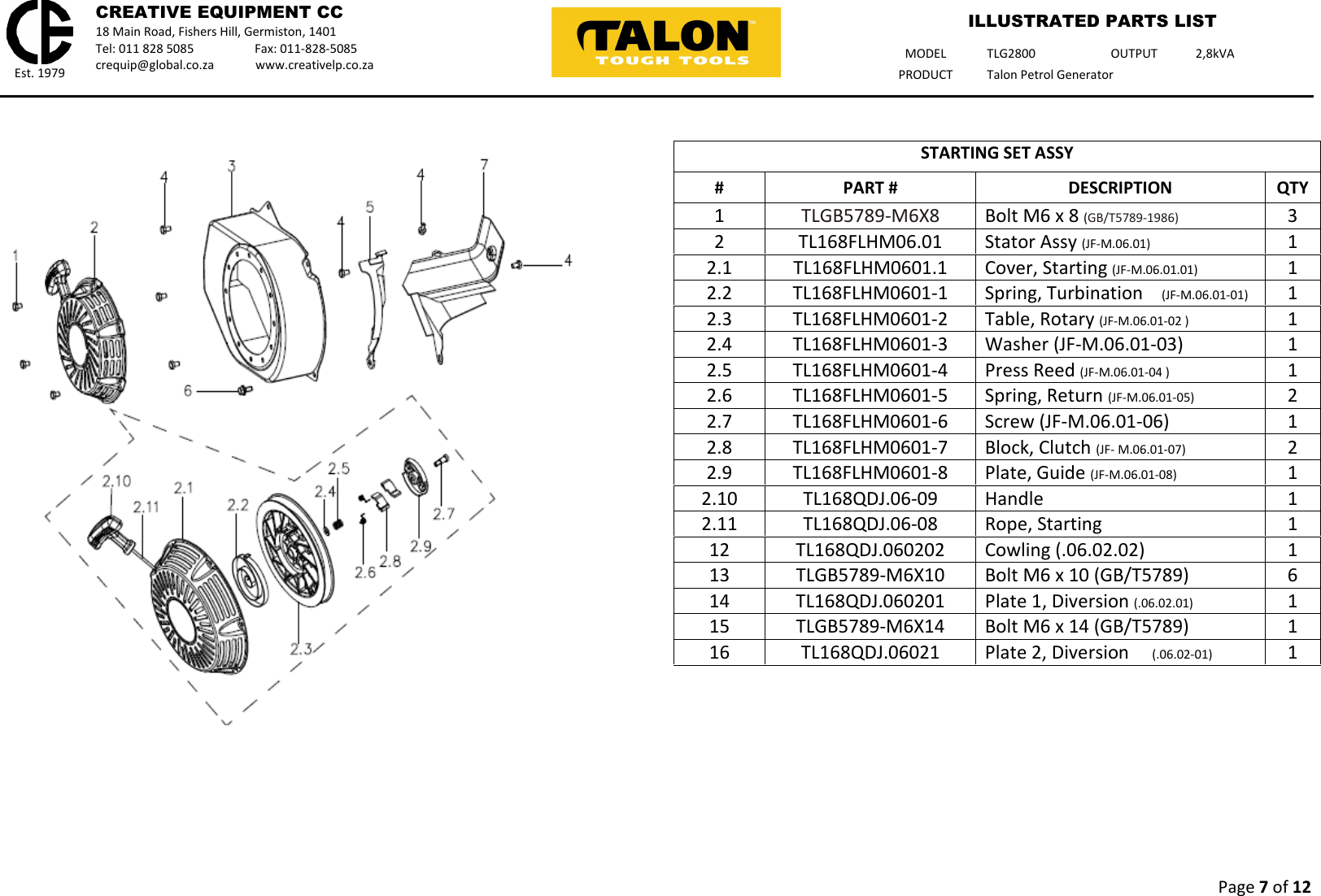 Talon Tools Tlg2800 Parts List CR Master Illustrated Petrol Generator