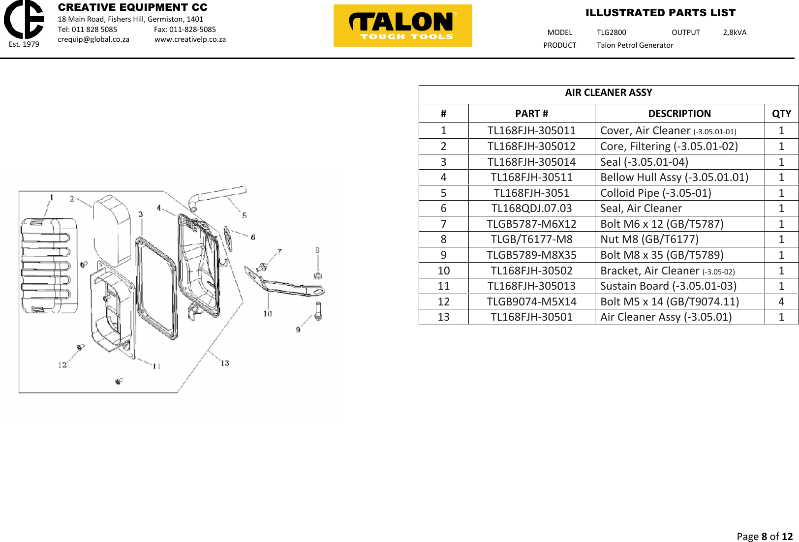 Talon Tools Tlg2800 Parts List CR Master Illustrated Petrol Generator